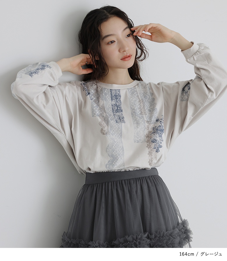 osharewalker（オシャレウォーカー） ロンT レディース 長袖 レースプリント カットソー 綿100％ コットン100％ ニュアンス ヴィンテージ感 かすれプリント スリット ...