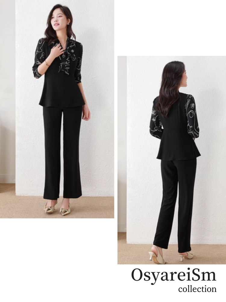 卒業式 セットアップ パンツスーツ 40代 パンツ 50代 母 体型カバー 黒