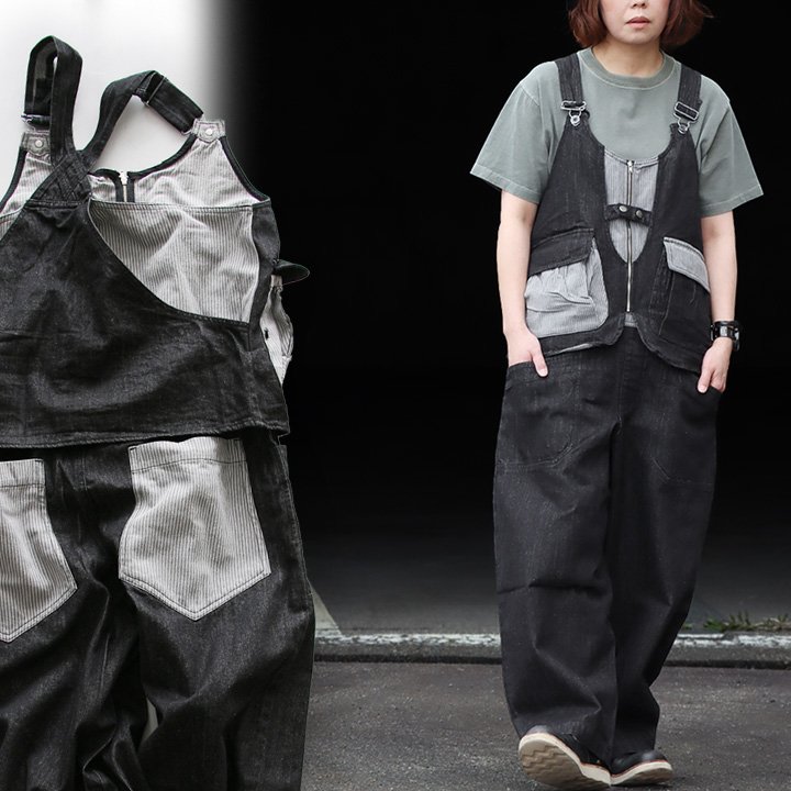 PATY サロペット パンツ ワイド ストレート ベスト 重ね着風 フェイクレイヤード ドッキング デニム ヒッコリー ストライプ BLUETO ブルート : PATY - 通販 ...