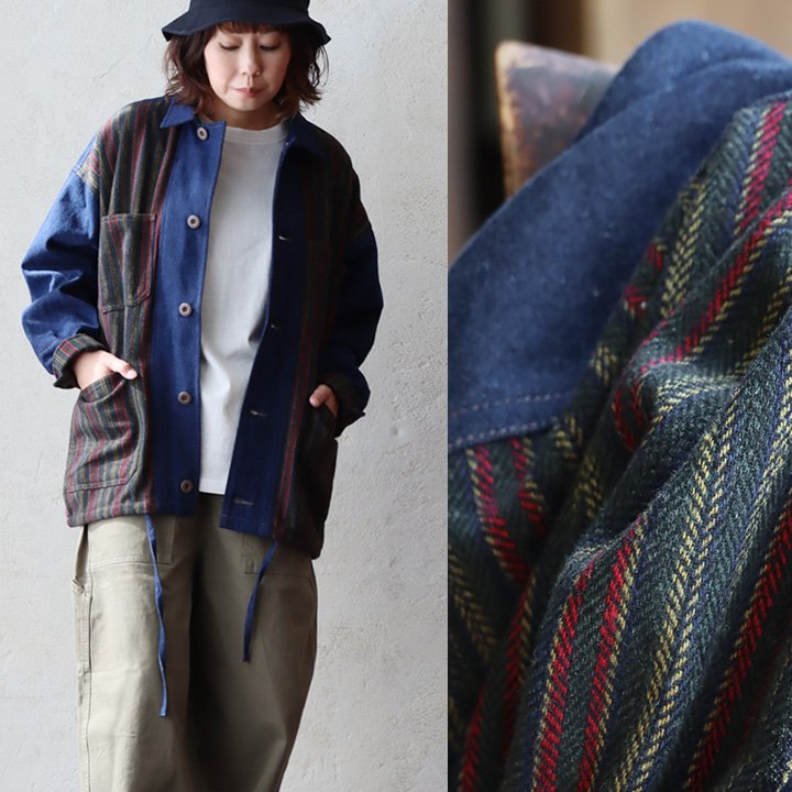 PATY Gジャン デニムジャケット レディース ワイド カバーオール ゆったり 大きめ 着痩せ 異素材 配色切替 レトロ BLUETO ブルート : PATY - 通販 - Yahoo!ショッピング