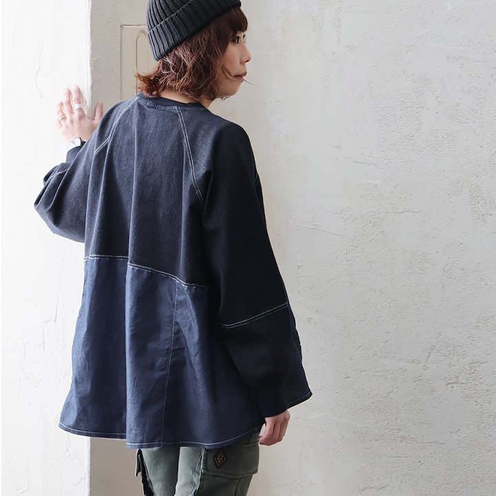 カットソー 長袖 レディース ワイド 袖リブ 配色ステッチ カットデニム 布帛 切り替え 伸縮性 ゆったり BLUETO ブルート : r240928024 : PATY - 通販 ...