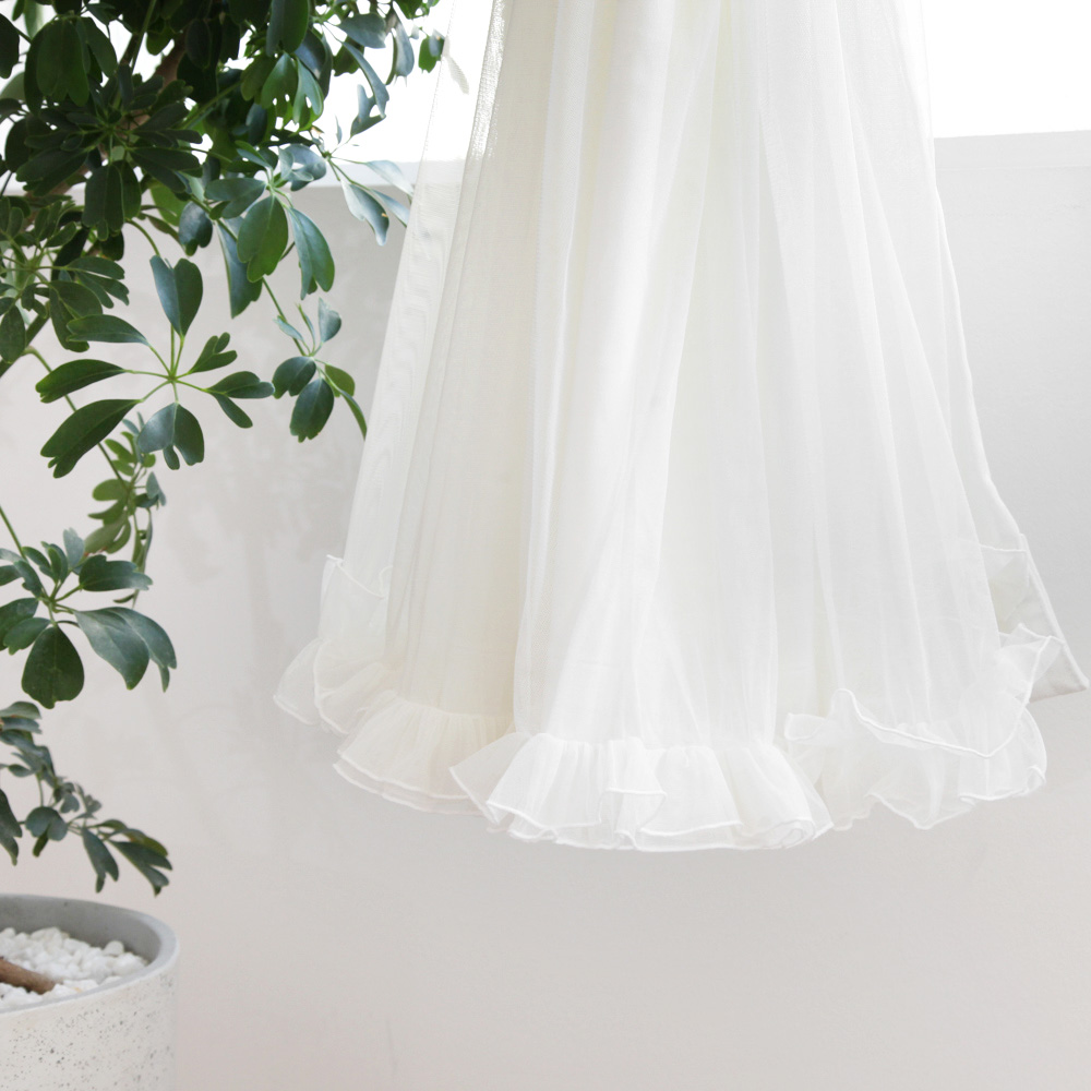 レースカーテン ふわとろタッチの生地×愛らしいフリルチュール！可愛すぎる一体型カーテン ＜メローフリル ホワイト＞ 「ヒダなし(フラット ...