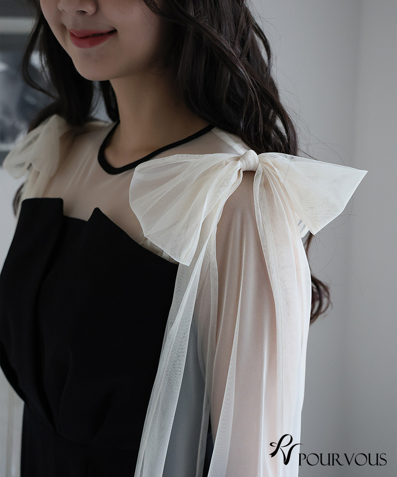 PourVous（プールヴー） チュール リボン ビスチェ パーティードレス 体型カバー ワンピース 結婚式 オケージョン 大きいサイズ 小柄 ドレス フォーマル フォーマルドレス ...