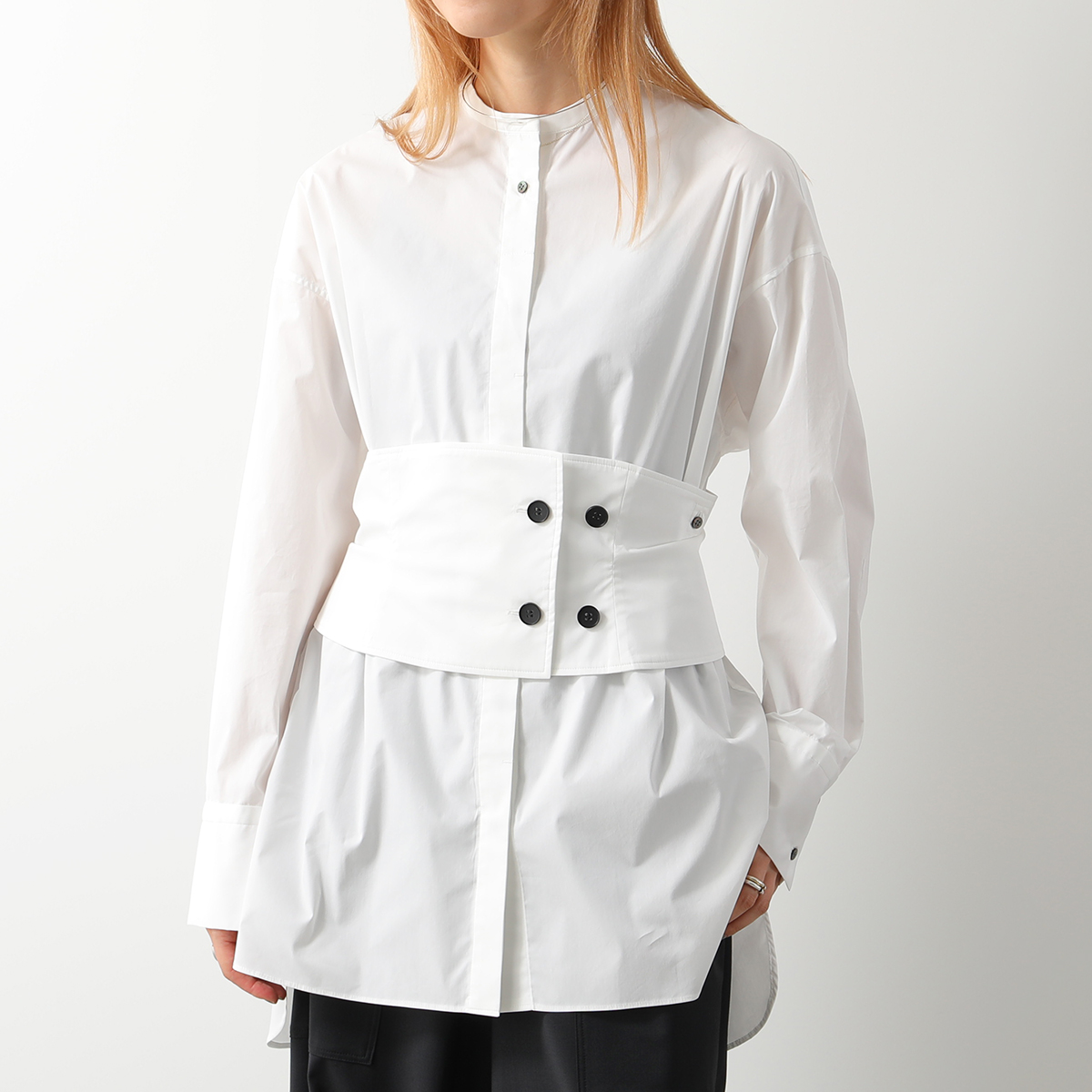 IHATOV イーハトーブ シャツ IH06-23AW-93712 レディース ブラウス 長袖 ノーカラー ベルト付き WHITE ...