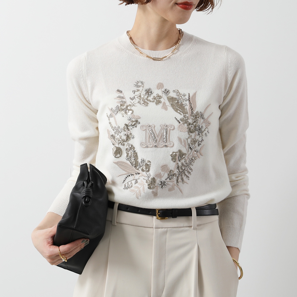 Max Mara（マックスマーラ） セーター BARI バリ レディース 長袖 ニット ウール混 クルーネック 刺繍 スパンコール クリスタル ロゴ 022 : インポートセレクトmusee ...