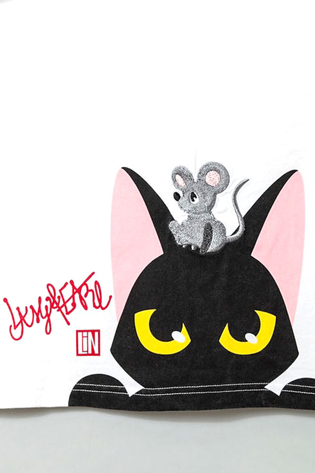 ラミ＆アール 何か見つけたの？半袖Tシャツ LIN AL-75109 黒猫 ネコ ネズミ ユニセックス ラミ＆アール 何か見つけたの？半袖Tシャツ LIN AL-75109 黒猫 ネコ