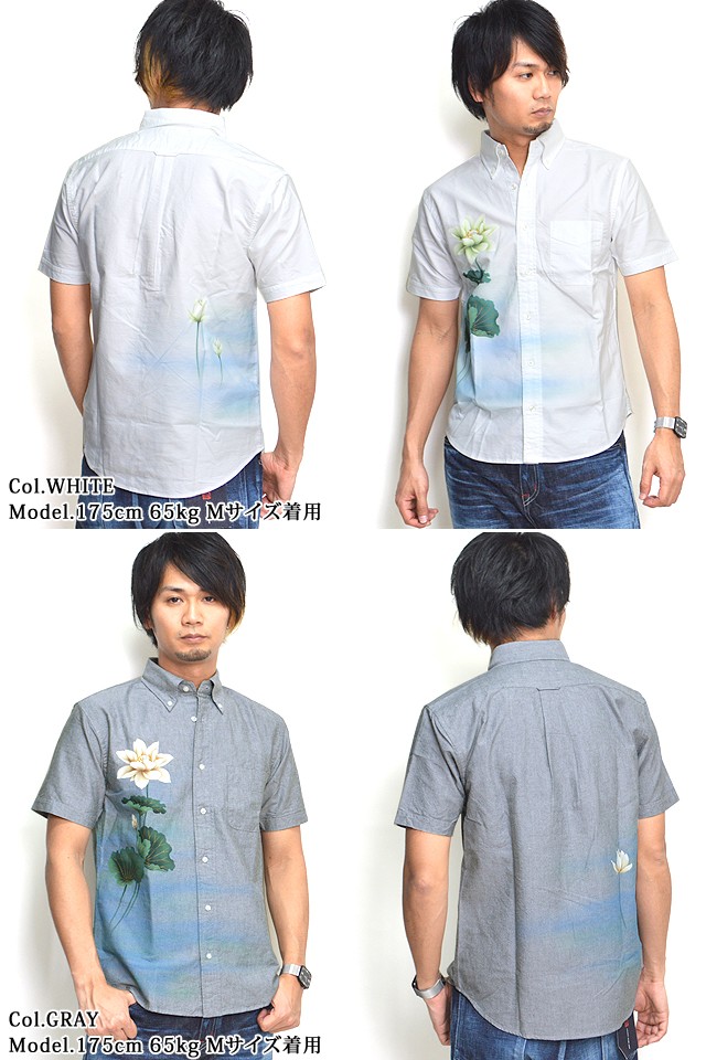 Zen 手描き半袖シャツ「水辺に蓮」 禅 和柄 和風 ハス 手書き : サクラ