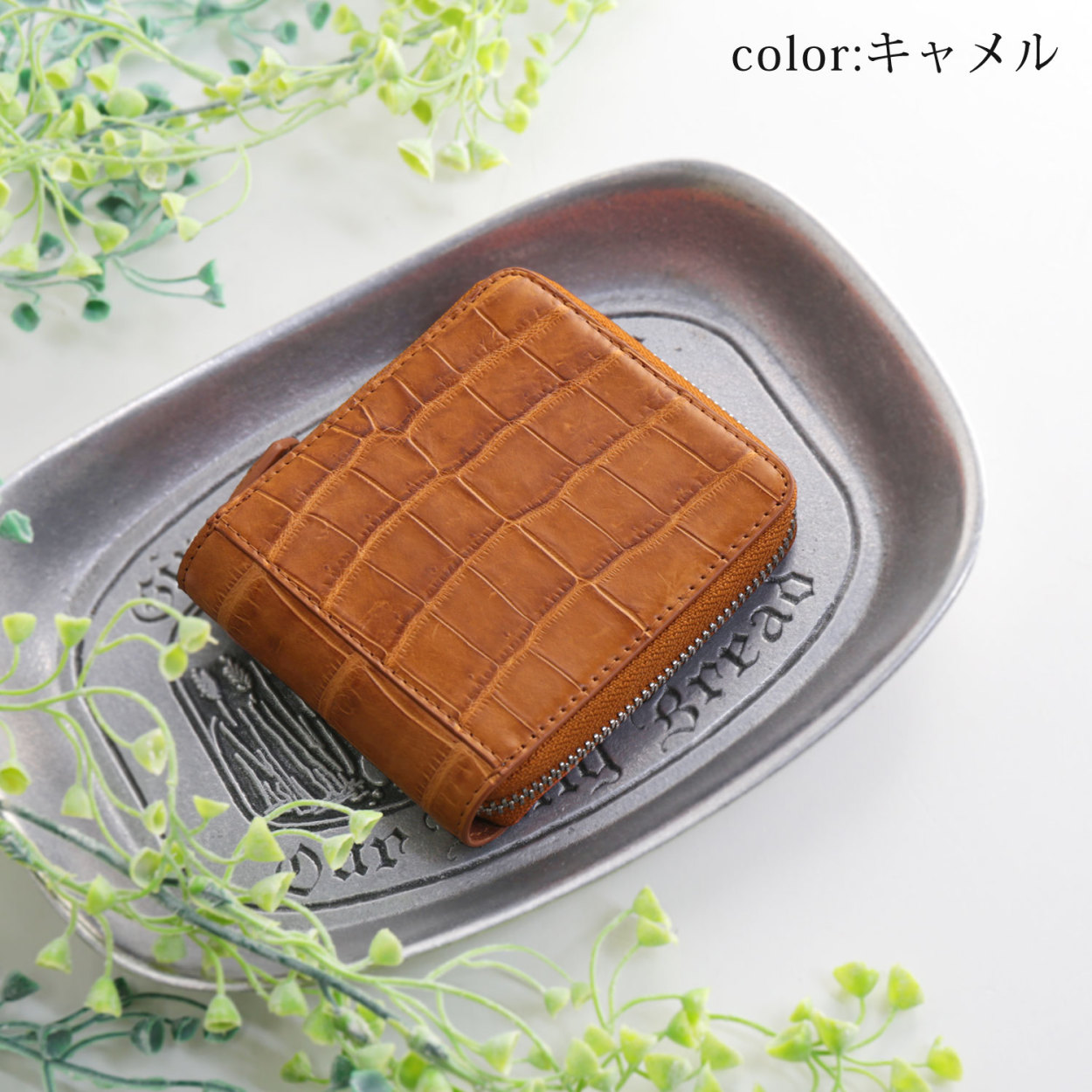 クロコダイル ラウンドファスナー 二つ折り財布 メンズ マット