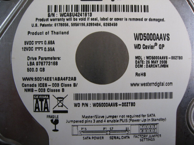 【ジャンク品、本体のみ】WESTERN DIGITAL WD5000AAVS [500GB SATA300] WD5000AAVS ...