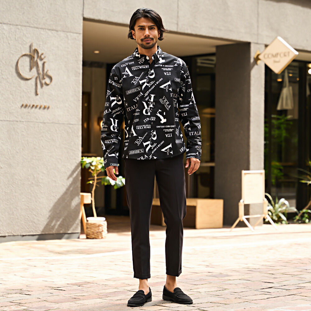 VIOLA シャツ メンズ ブランド おしゃれ 長袖 総柄 上品 ストレッチ 白