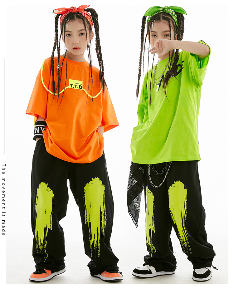 キッズ ダンス 衣装 オレンジ 黄緑 黒 ヒップホップ ダンス衣装 キッズ ダンス 衣装 オレンジ 黄緑 黒 ヒップホップ ダンス衣装