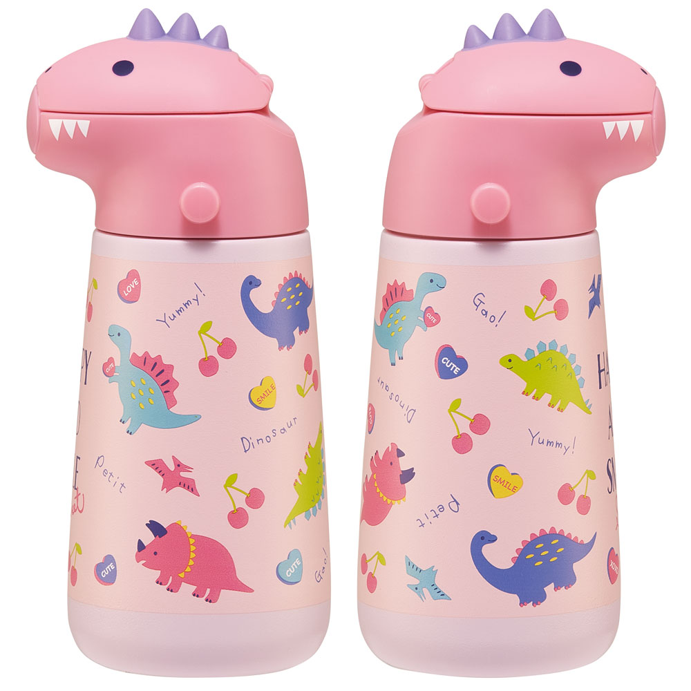 ダイカット ストロー ステンレス ボトル 370ml 水筒 保冷 専用 かわいい スケーター skater SSH4D ハッピー&スマイル 恐竜 ダイナソー ピンク 女の子 女子 ...
