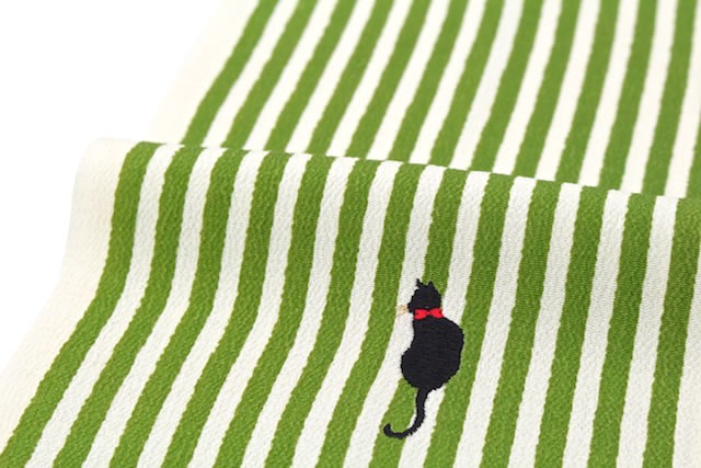 SOUBIEN（創美苑） 半襟 刺繍 振袖 半衿 成人式 緑 グリーン 縞 猫