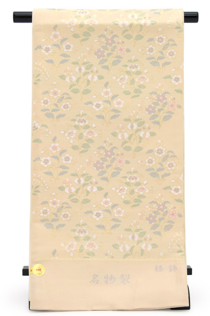 未仕立て】袋帯 訪問着 薄黄色 クリームイエロー 水色 緑 名物裂 唐花