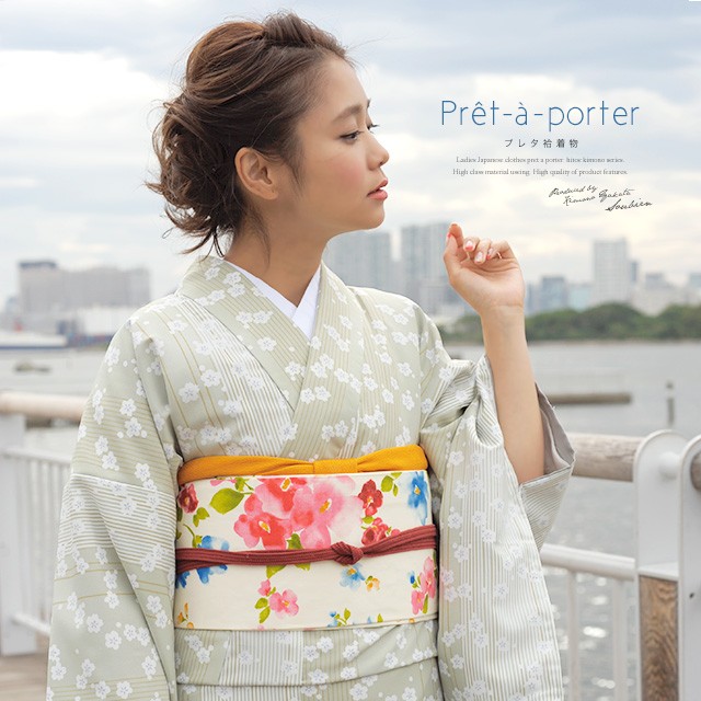 洗える着物 黄緑 染め縮緬 桜 袷 プレタ着物 : きもの館 創美苑 - 通販