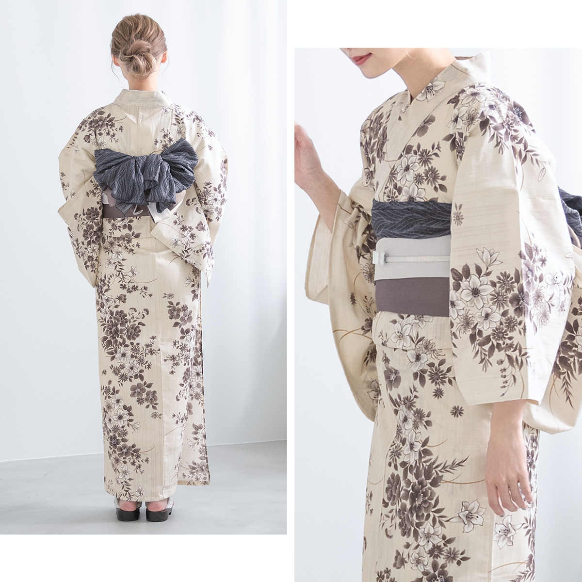 浴衣セット レディース 浴衣セット 半幅帯 大人 3点セット ボヌールセゾン ベージュ 牡丹 桜 百合 花 綿 紬調 夏 モダン フリーサイズ 送料無料 bonheur saisons（ボヌールセゾン） 浴衣 レディース セット 浴衣