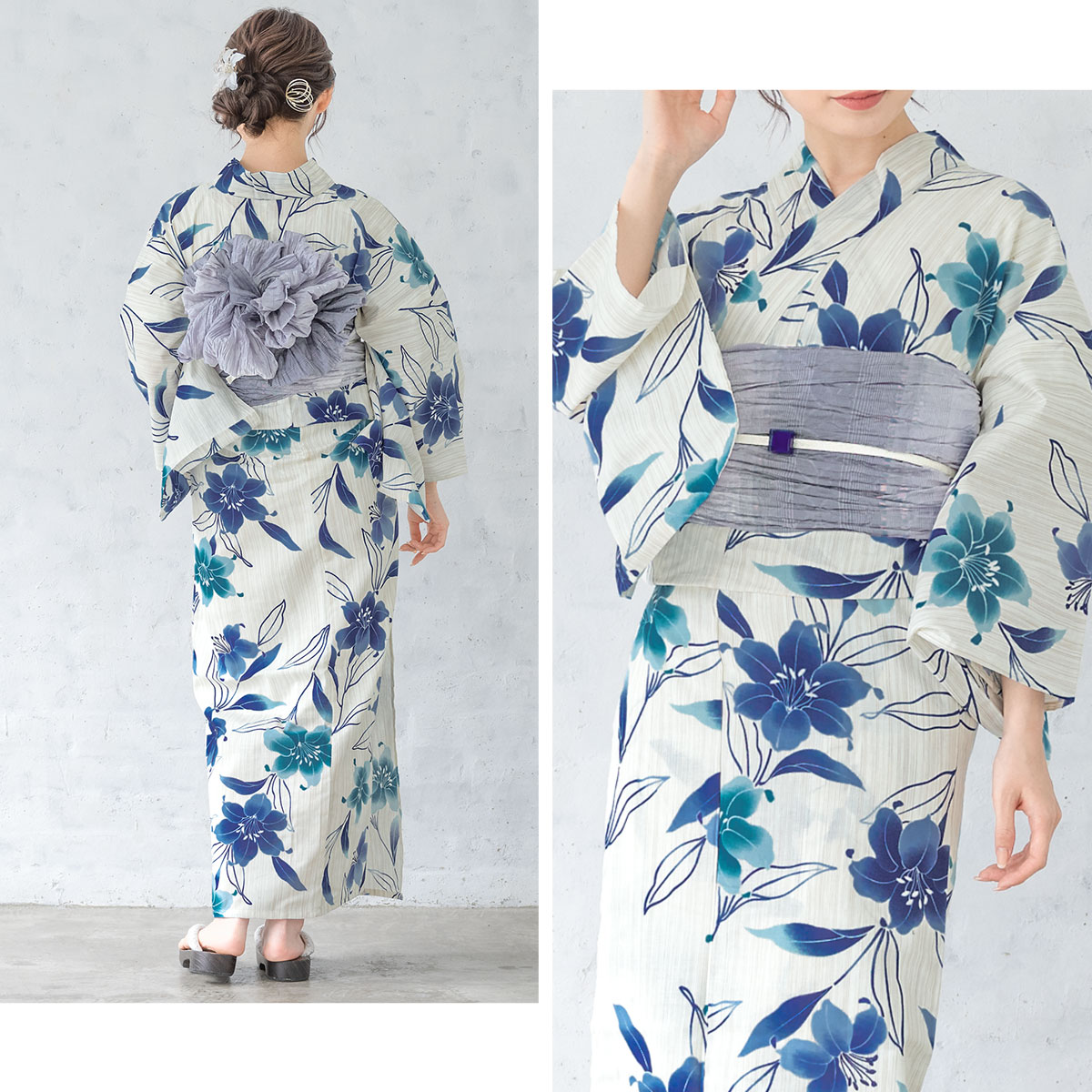 浴衣セット レディース 浴衣セット 兵児帯 大人 3点セット ホワイト 白系 紺 青 グレー 帯 百合 ユリ 雨縞 吸水速乾 CoolPass 夏 花火大会 モダン Sサイズ フリーサイズ t3-ykt0209ad_3.jpg