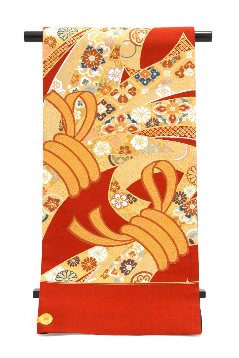袋帯 訳あり 未仕立て 赤 レッド 金色 花文 束ね熨斗 絹 京都西陣織