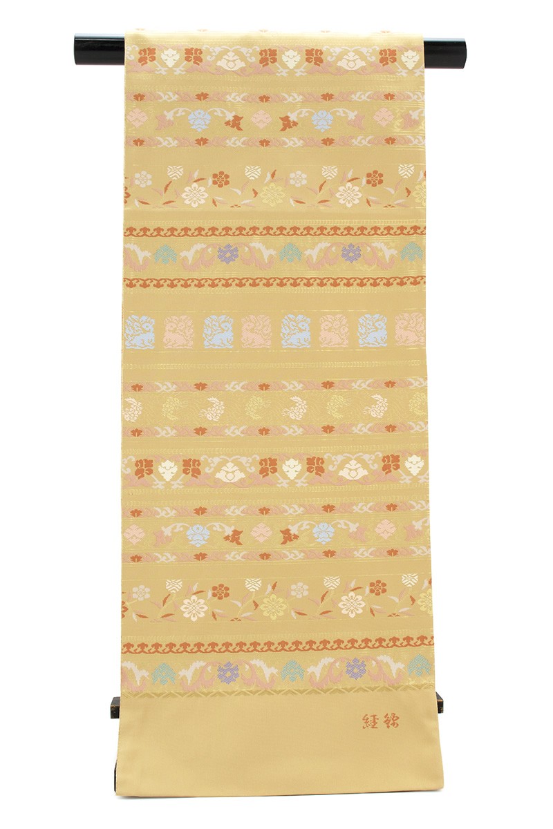 訳あり 袋帯 未仕立て 茶系 ライトブラウン 名物裂横段 経錦 金箔 高島