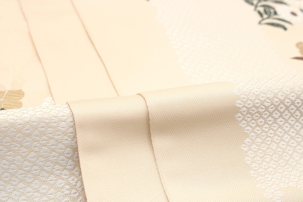 訳あり 袋帯 未仕立て 薄茶系 ベージュ 香色 薄茶色 雪輪 菊 梅 京都