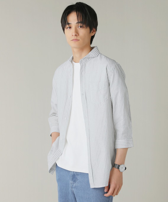 NEVER） Acquiesce シャツ 綿麻シャツ メンズ 七分袖 リネンシャツ