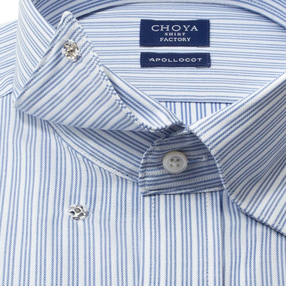 日清紡アポロコット 半袖 ワイシャツ メンズ 夏 形態安定加工 青 ブルー ストライプ スナップダウ【CFN615-450】 CHOYA SHIRT FACTORY 【爆買】日清紡アポロコット 半袖 ワイシャツ