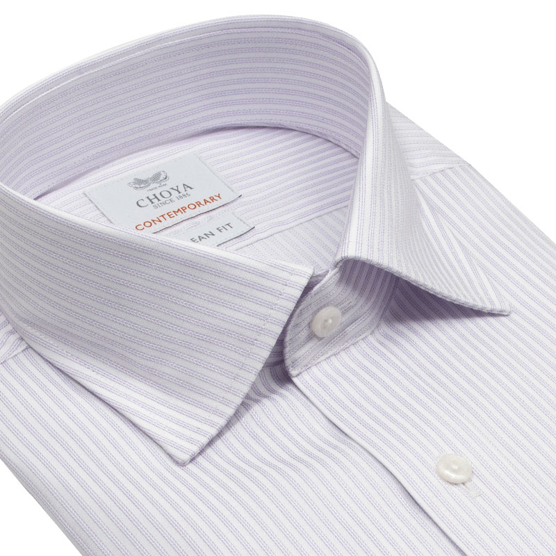 長袖 ワイシャツ メンズ 綿100％ 形態安定加工 パープル ストライプ