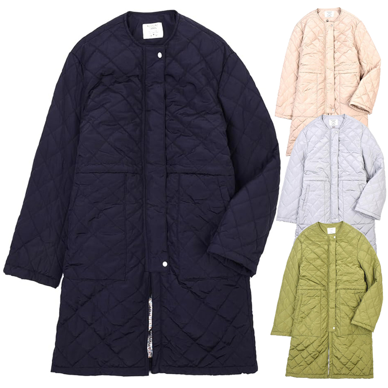 キルティングコート レディース 撥水加工 ロングコート 秋冬 長袖 アウター ウエスト調整可 24-7675 クスグルジャパン 中綿コート 軽量 ノーカラー 防寒 : 247675 ...