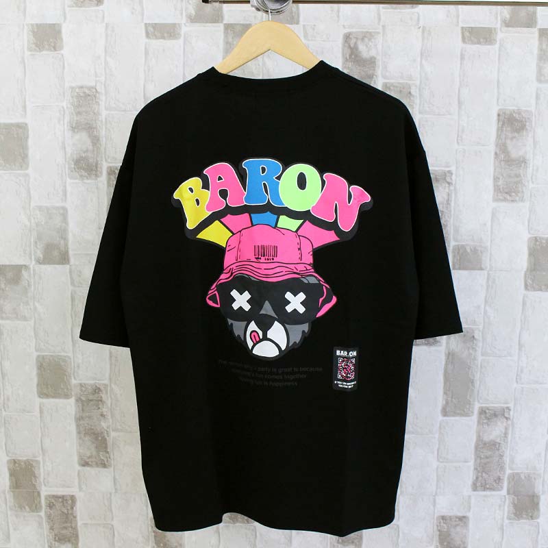 BARON バロン ネオンカラーロゴ バックプリント クルーネック 半袖Tシャツ ヘビーウェイト コットン トップス 韓国ファッション メンズ ...
