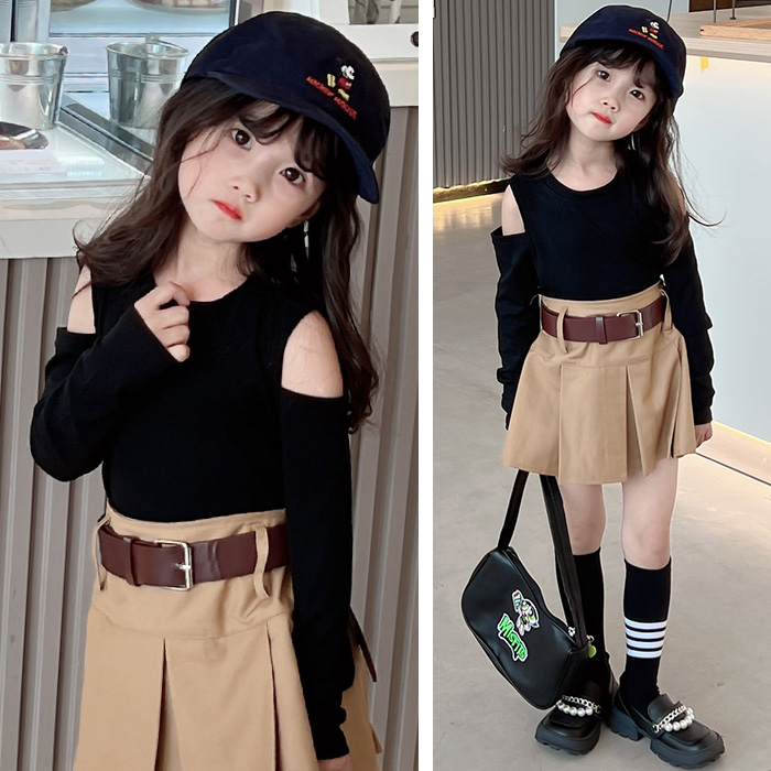 ショート丈 オープンショルダー トップス 長袖 肩出し 女の子 子供服 キッズ へそ出し ワンショル 無地 ブラック ホワイト 110cm〜160cm 肩みせ ダンスウェア :top-518 ...