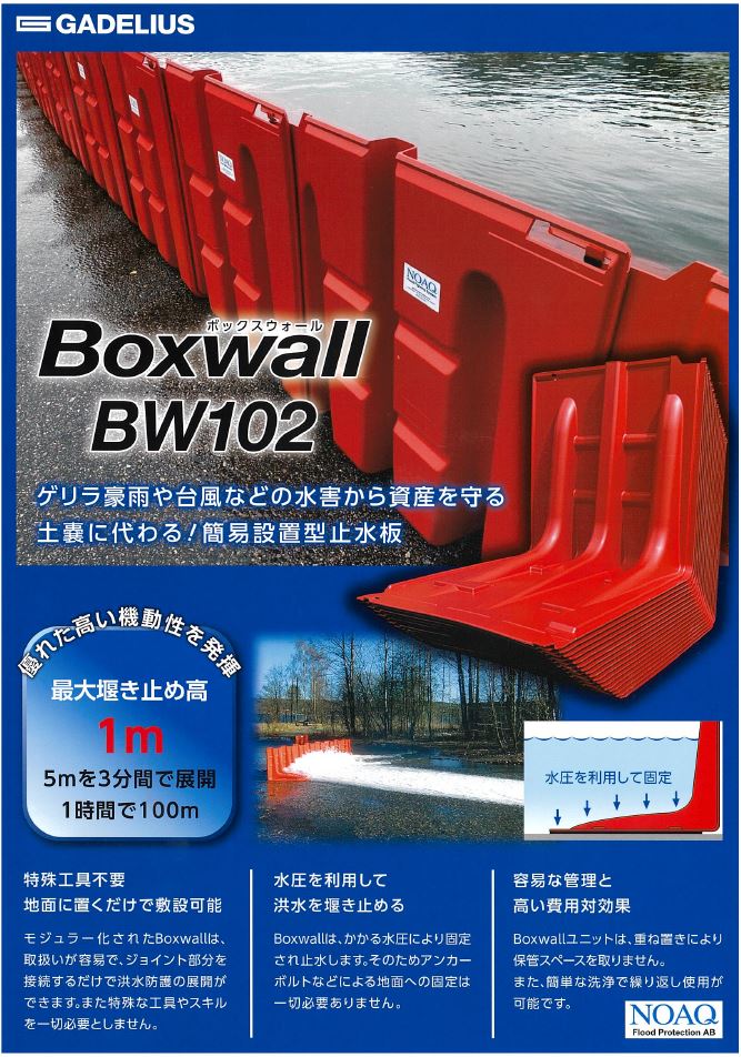BW102 簡易設置型止水板 NOAQ製 Boxwall(ボックスウォール) 本体 最大堰き止め高100cm ガデリウス・インダストリー 防災用品 緊急洪水防護システム : bw102 ...