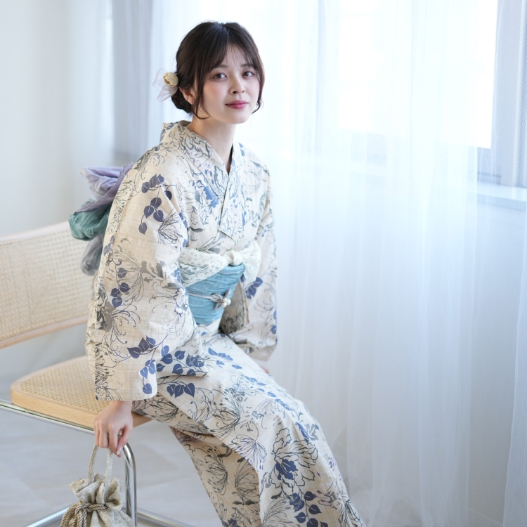 浴衣 セット レディース トールサイズ 3点セット（浴衣/帯/下駄） utatane レトロ 花 ベージュ系 綿 はんなり糸菊 高身長 :5012220511:浴衣通販 utatane ...