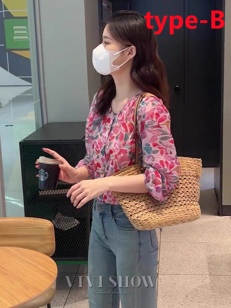 ブラウス レディース きれいめ 長袖ブラウス 花柄シャツ Vネック