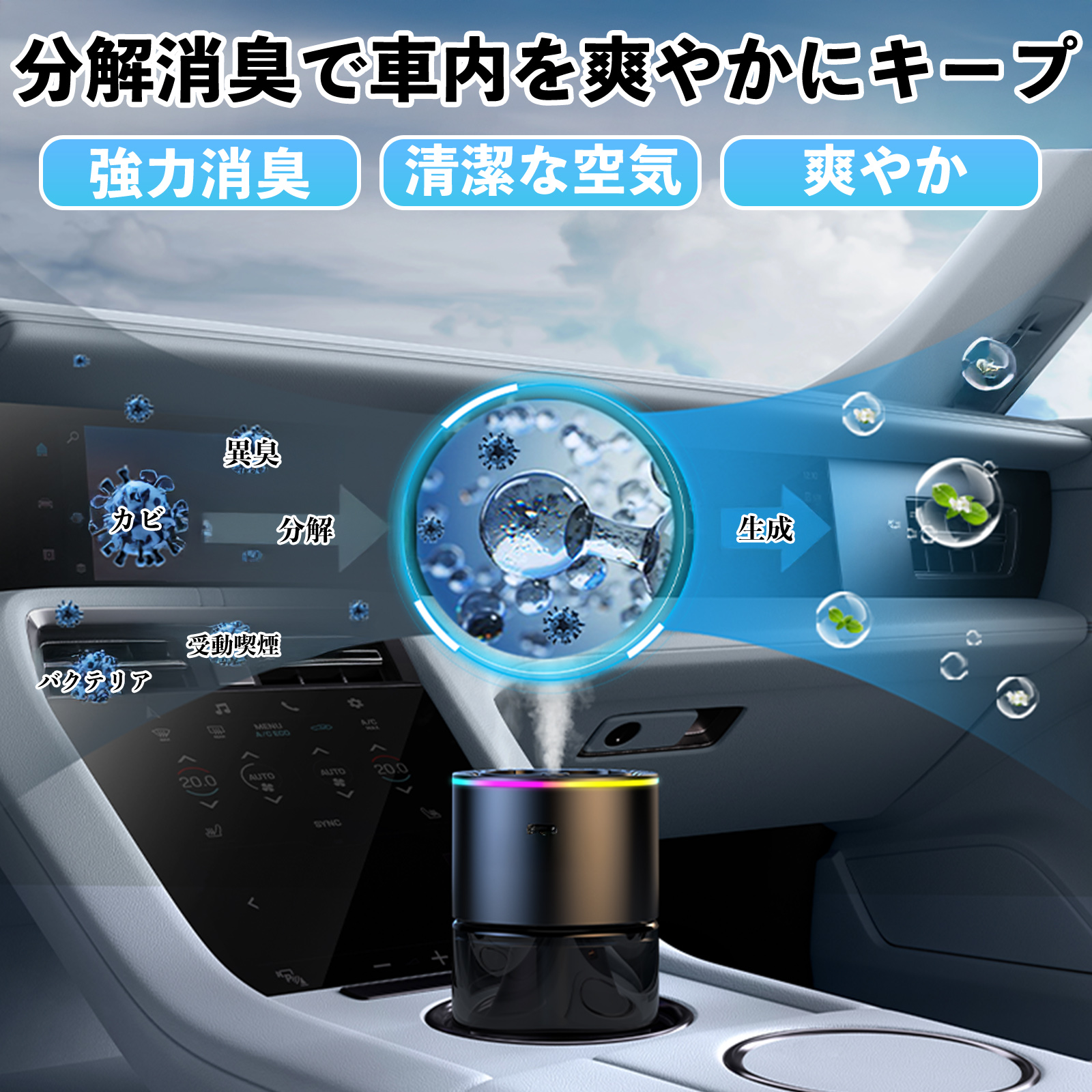 スズキ フロンクス FRONX 車 アロマディフューザー 芳香剤 ディフューザー 消臭 超音波霧化 静音 8色雰囲気ライト 自動ON OFF ...