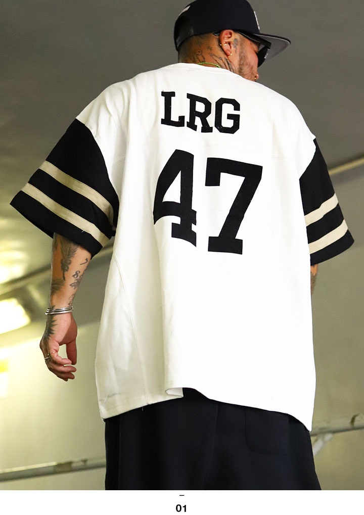 LRG Tシャツ 半袖 メンズ 春夏用 白 大きいサイズ エルアールジー おしゃれ フットボールシャツ 切り替え バイカラー 袖ロゴ ライン 背番号 47 ナンバリング ビッグシルエット b系 ヒップホップ ファッション ストリート系 ハイ ブランド 服 2025秋冬 新作 L3V4MSCXX LRG LRG Tシャツ 半袖 大きいサイズ エルアールジー フットボール