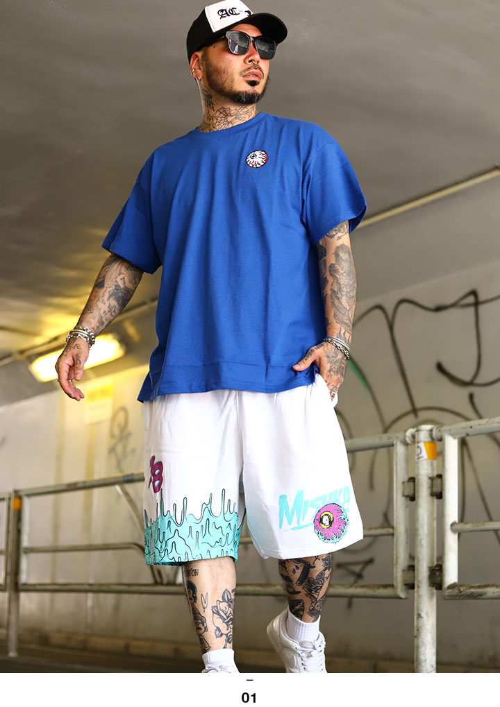 MISHKA ハーフパンツ スウェット 裏起毛 半ズボン 短パン メンズ 春夏用 白 大きいサイズ ミシカ ショートパンツ 派手 総柄 KEEPWATCH キープウォッチ キャラクター ビッグシルエット b系 ヒップホップ ファッション ストリート系 ハイ ブランド 2025春夏 新作 MSK-141 MISHKA（ミシカ） ハーフパンツ スウェット 裏起毛 半ズボン 短パン