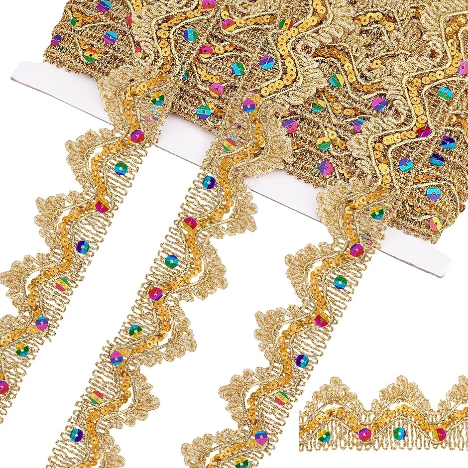 手芸ブレード キラキラリボン 長さ約9m 幅38mm スパンコール付きリボン アクセサリーパーツ ゴールド 縫製装飾 高級 MDM( ゴールド ...